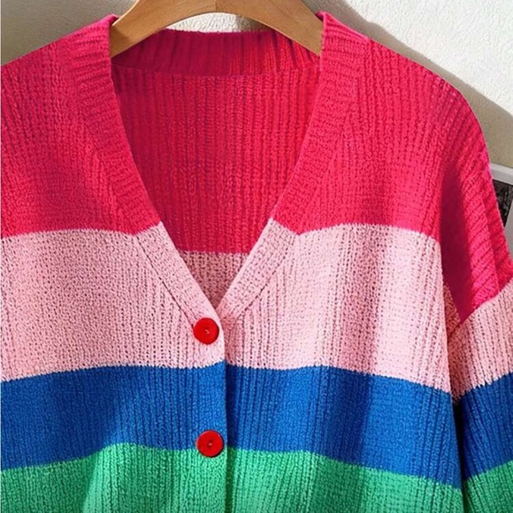 Rouge! | Sweaters | Colorblock Multicolor Long Button Up Knit Cardigan ...